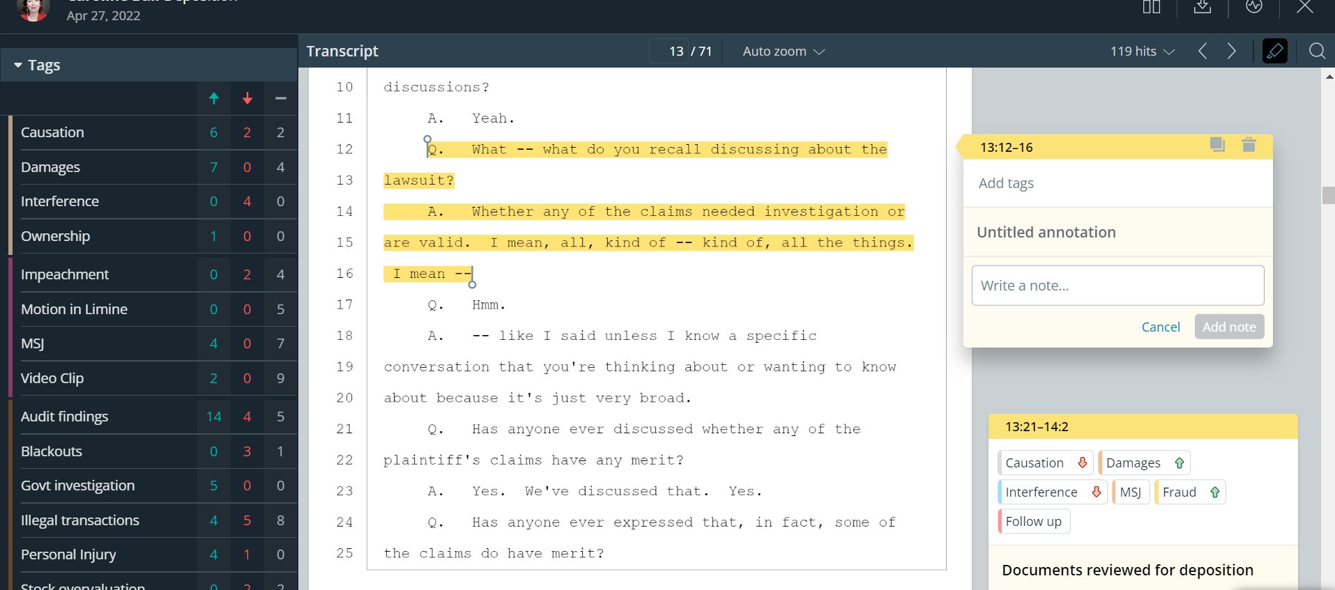 Annotating a deposition – Case Builder