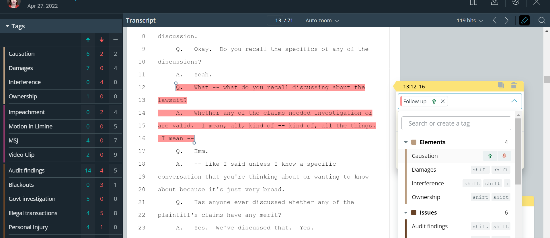 Annotating a deposition – Case Builder